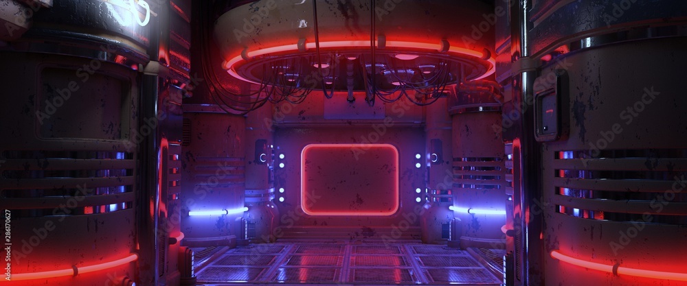 3D illustration of a futuristic room with blue and red neon lights ...