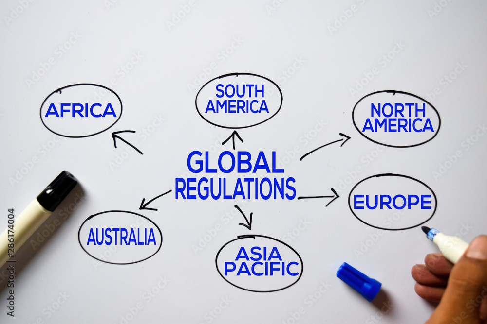 Global Regulations text with keywords isolated on white board ...