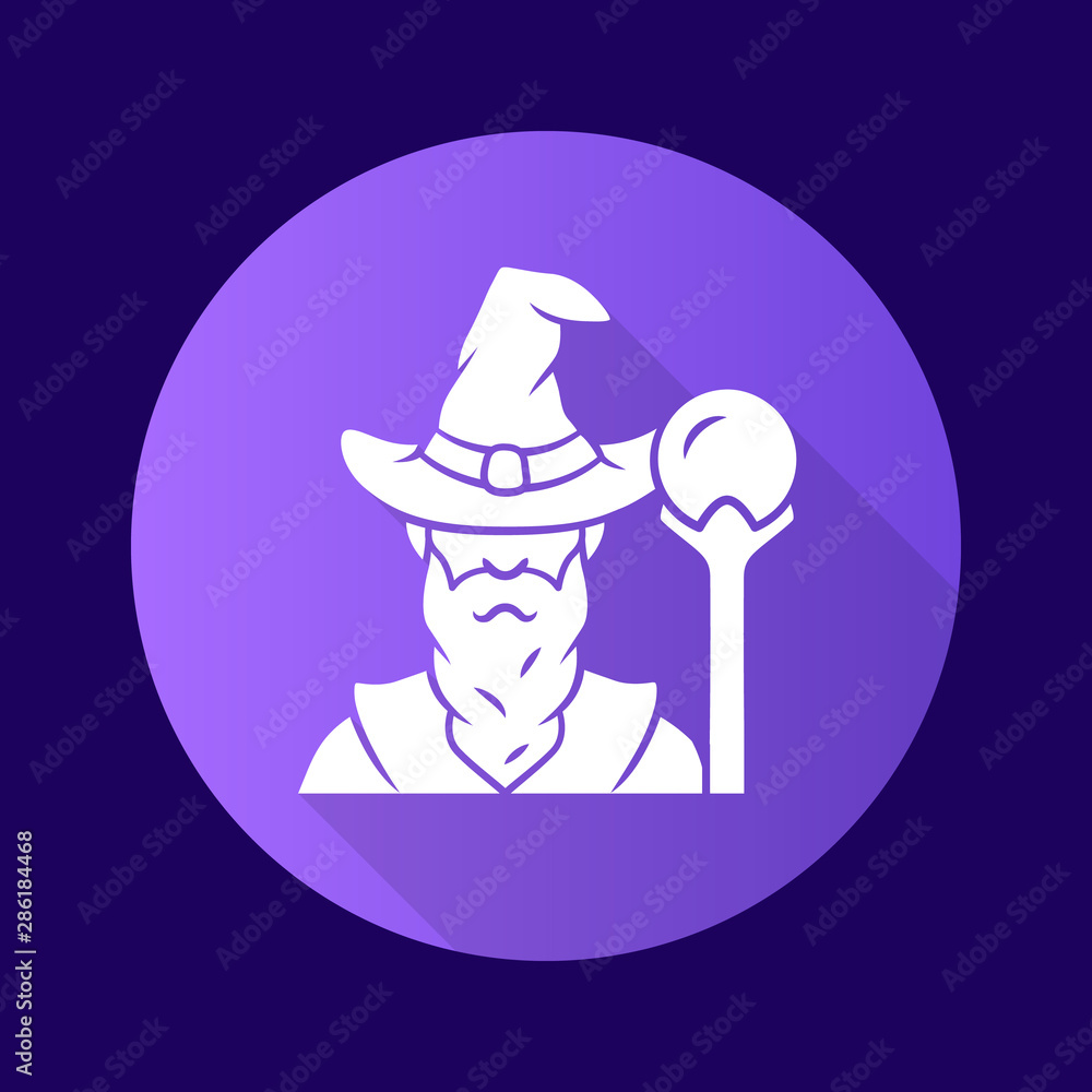 Wizard purple flat design long shadow glyph icon. Sorcerer, magician in ...