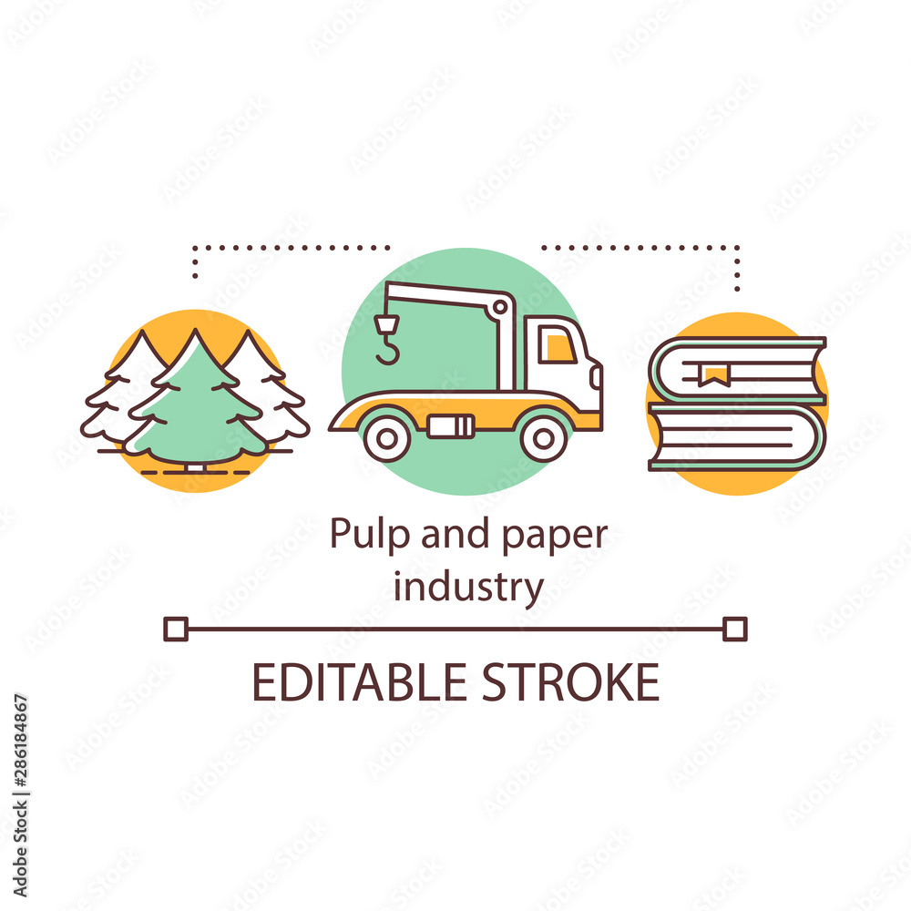 Pulp and paper industry concept icon. Wood processing. Cellulose-based ...