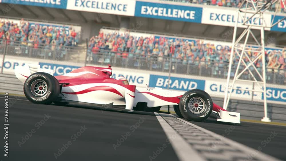 Side view of a generic formula one race car driving across the finish ...