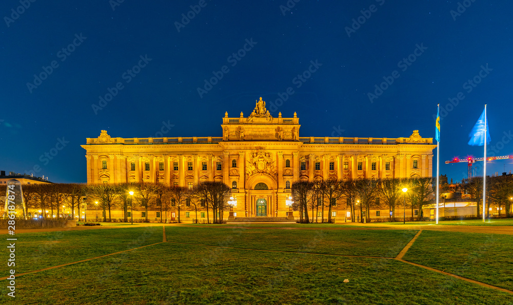 Sunset view of Riksdag - building of the Swedish parliament in ...