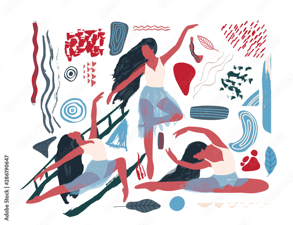 Ballet dancer girl icon set. Modern dance poses drawing. Abstract ...