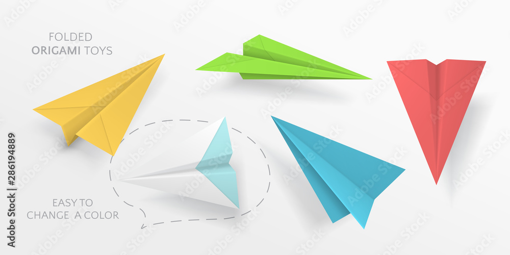Vector set of colored paper airplanes in different angles. Collection ...