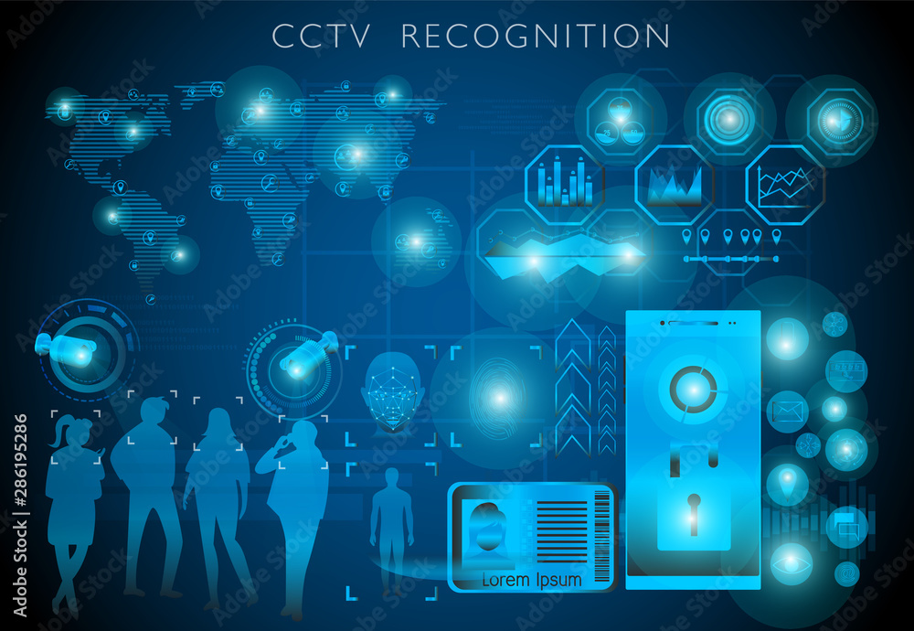 concept of surveillance technology, CCTV with detection screen and ...