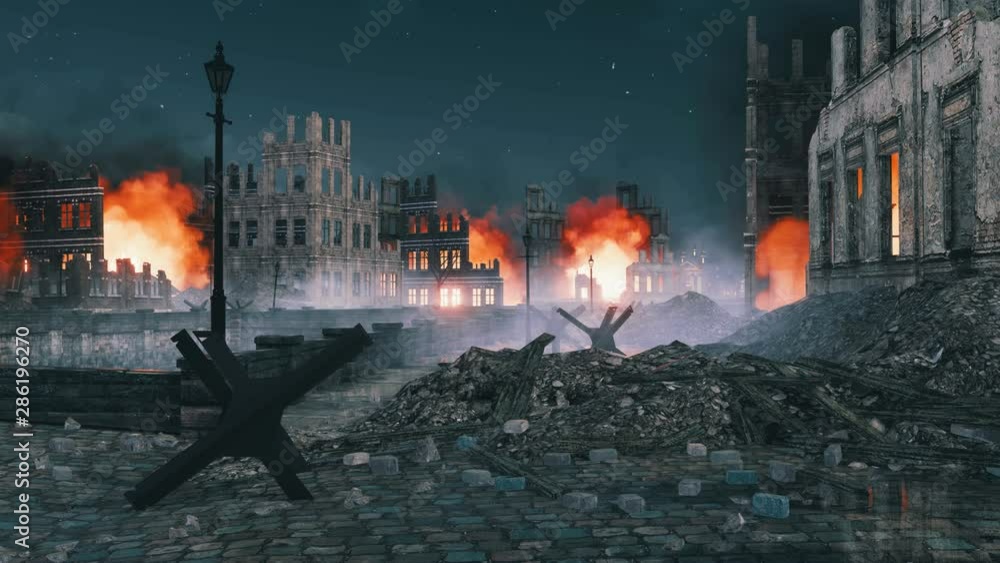 Ruined after the bombing of the World War 2 european city with burning ...