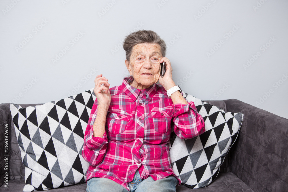 Theme old person uses technology. Mature happy joy smile active gray ...