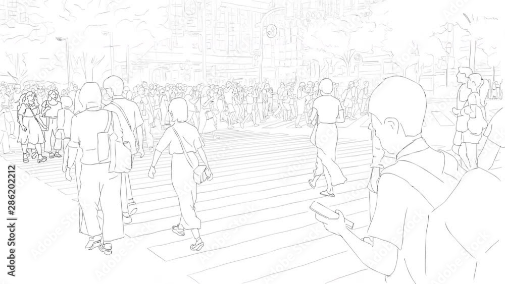 Cute hand drawn animation. The famous Shibuya Crossing intersection in ...