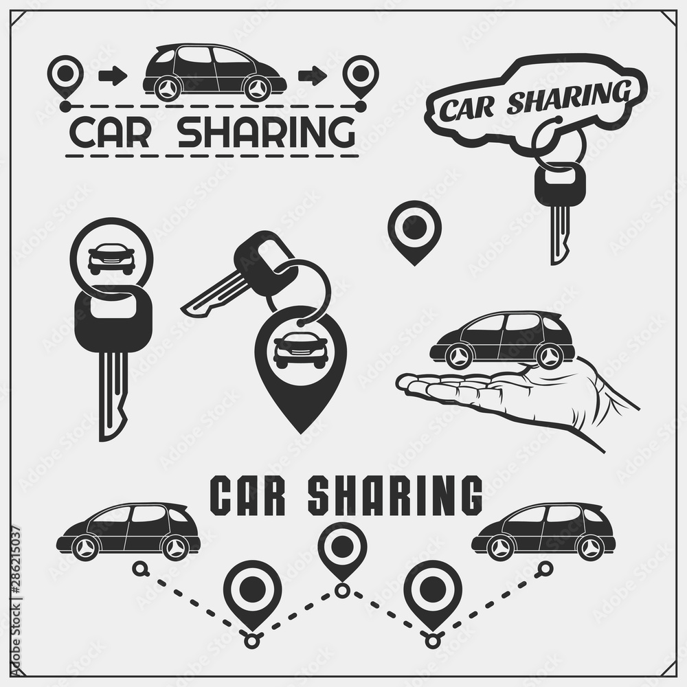 Car sharing service emblems and logos. Transport renting service mobile ...