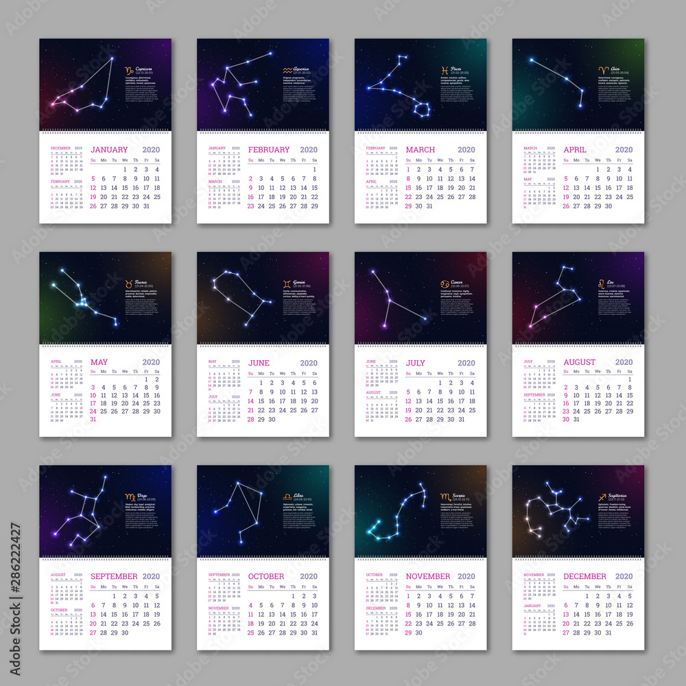 Wall calendar pages set for 2020 year with zodiac constellations ...