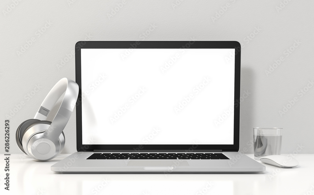 Computer laptop blank screen on white office desk, workspace mock up ...
