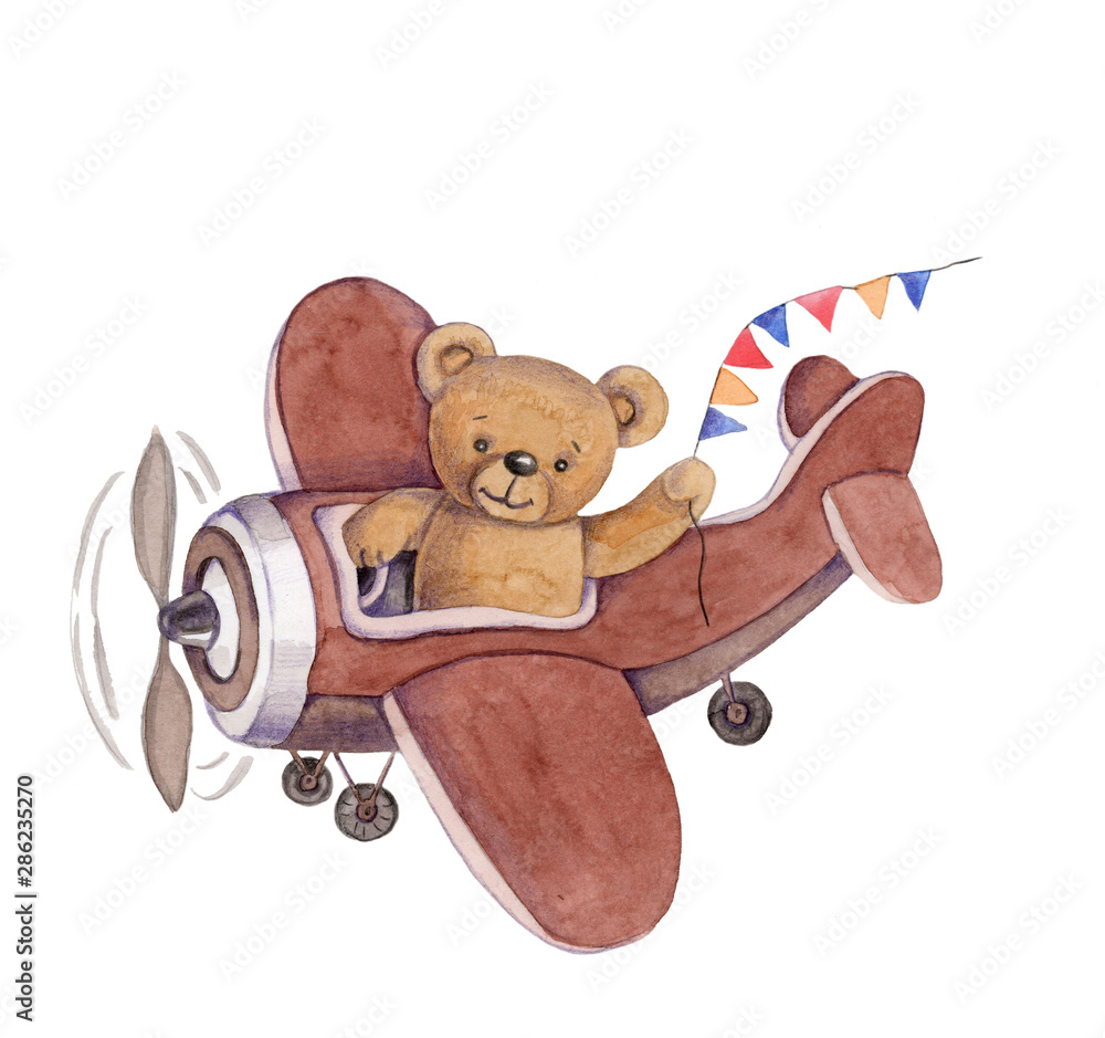 Cute cartoon toy animal teddy bear in plane, watercolor illustration ...