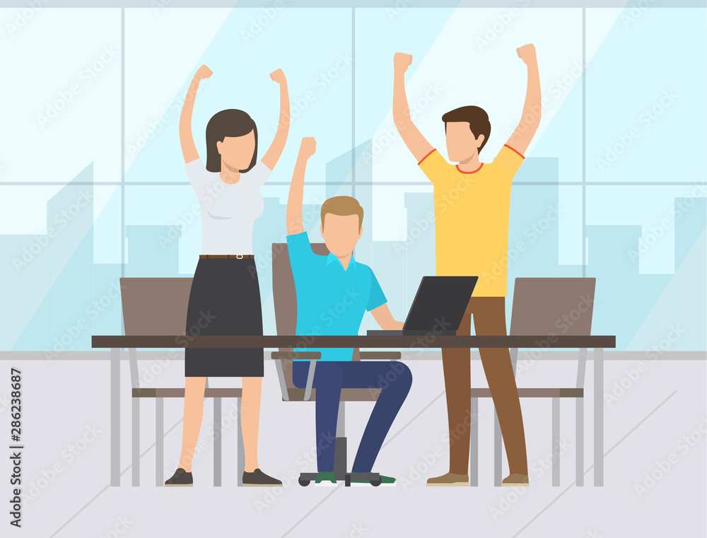 Office interior, team celebrates success, teamwork vector. Men and ...