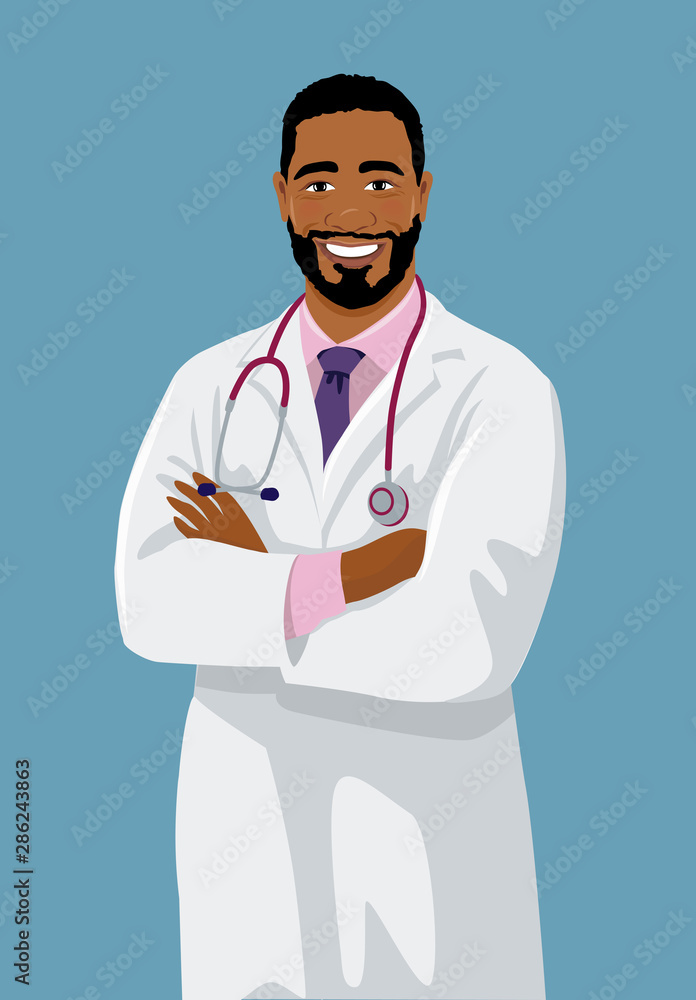 Smiling middle-aged doctor. Handsome African man with beard wearing a ...