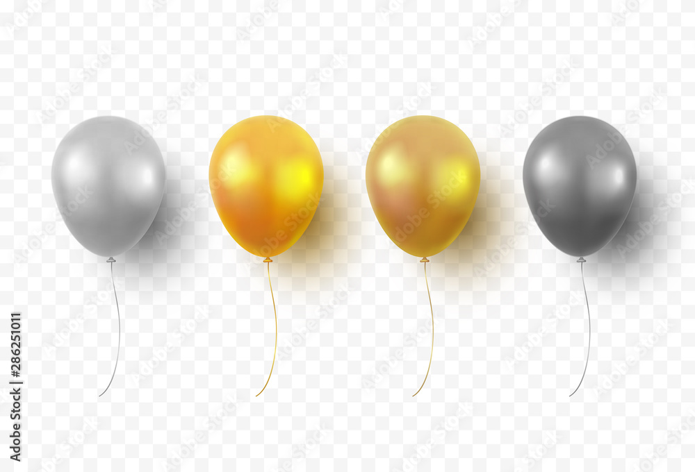 Balloons isolated on transparent background. Glossy gold, silver, black ...