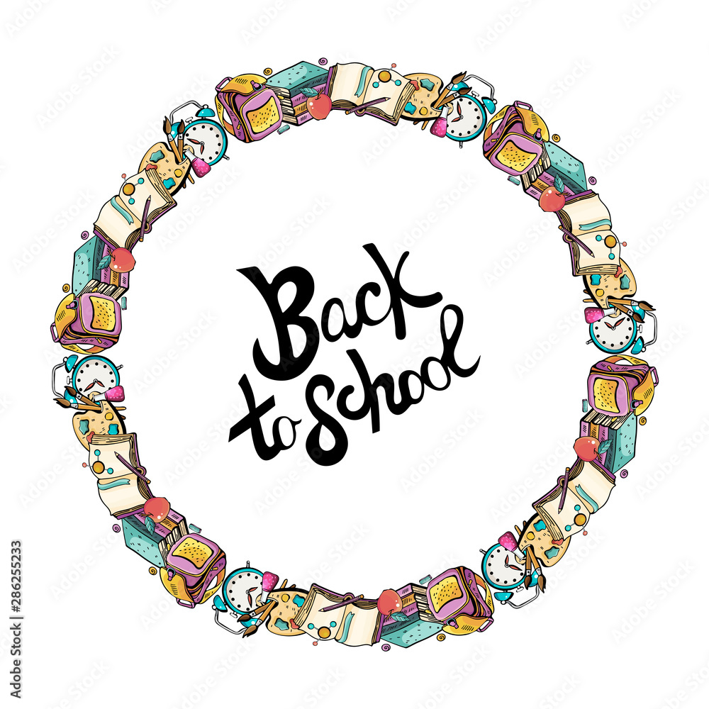 Round frame back to school. Vector colorful illustration in cute style ...
