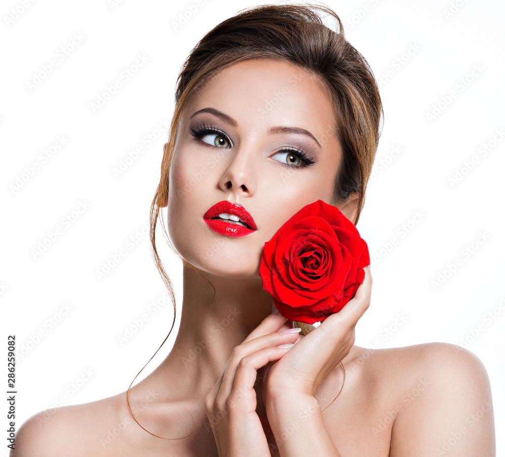 Closeup face of beautiful woman with red rose bright makeup Stock Photo ...