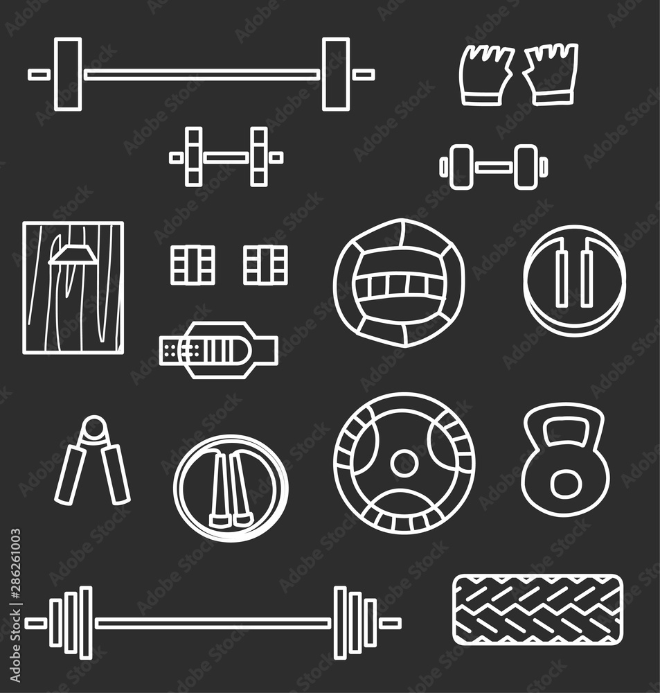 Set of crossfit gym equipment line icons of dumbbell, gymnastics grips ...