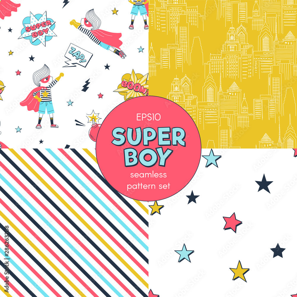 Super children cartoon seamless patterns set. Little superheroes, city ...