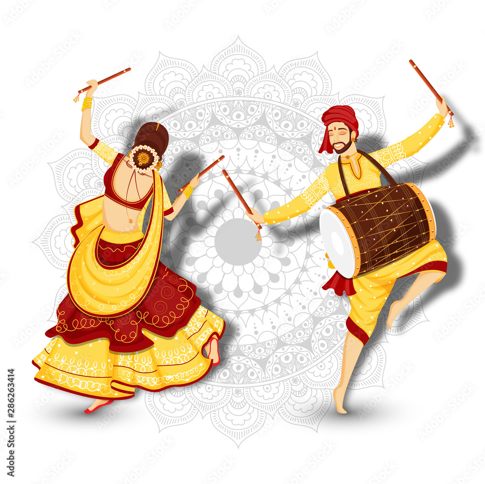 Young woman dancing with dandiya dance and drummer man playing drum ...