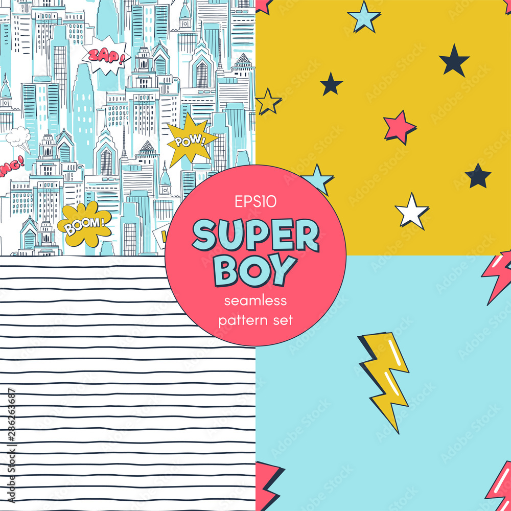 Children comic book vector seamless patterns set. City with fight ...