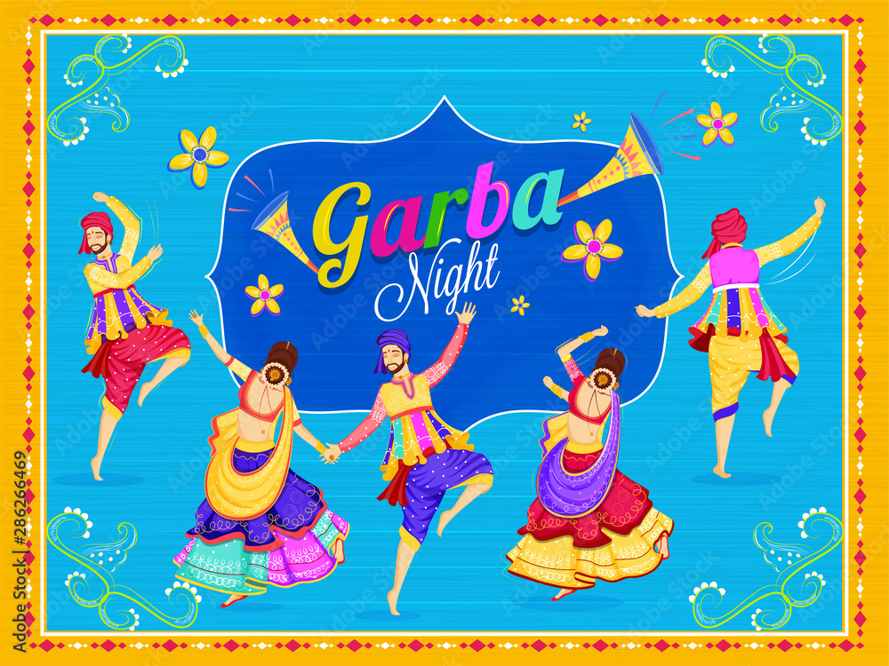 Vintage style Garba Night poster or card design with illustration of ...