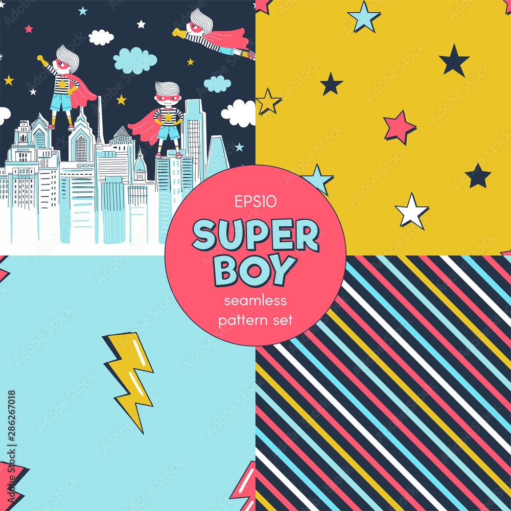 Superboy hand drawn vector seamless patterns set. Children superheroes ...