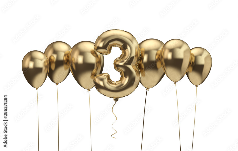 3rd birthday gold balloon background. Happy Birthday. 3D Rendering ...