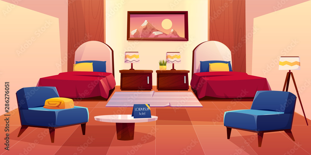 Hotel bedroom, motel suit with furniture and equipment. Empty apartment ...