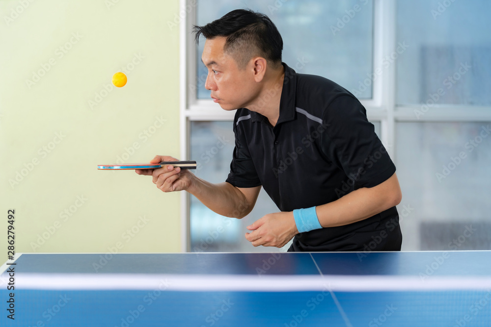 Ping Pong Table Male Playing Table Tennis With Racket And Ball In A