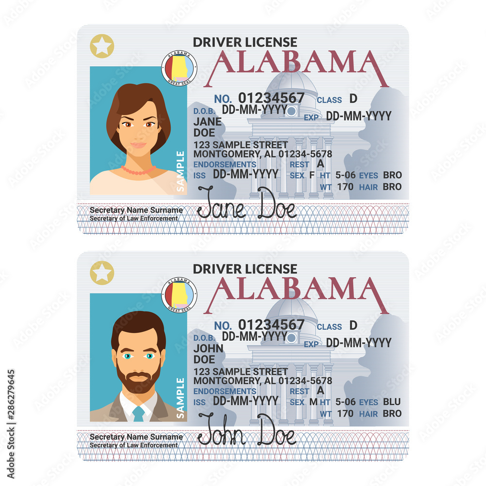 Vector Template Of Sample Driver License Plastic Card For USA Alabama