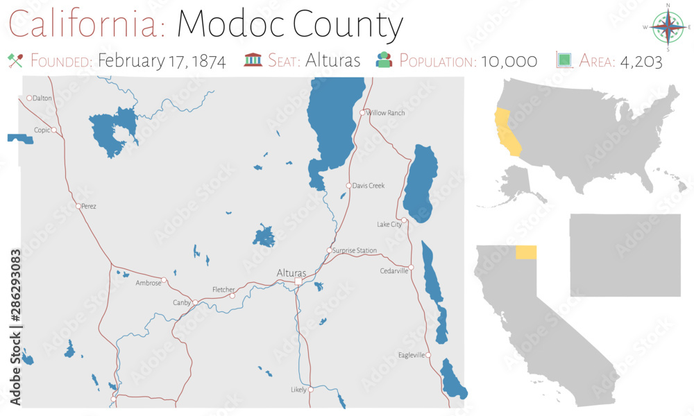 Large and detailed map of Modoc county in California, USA Stock ...