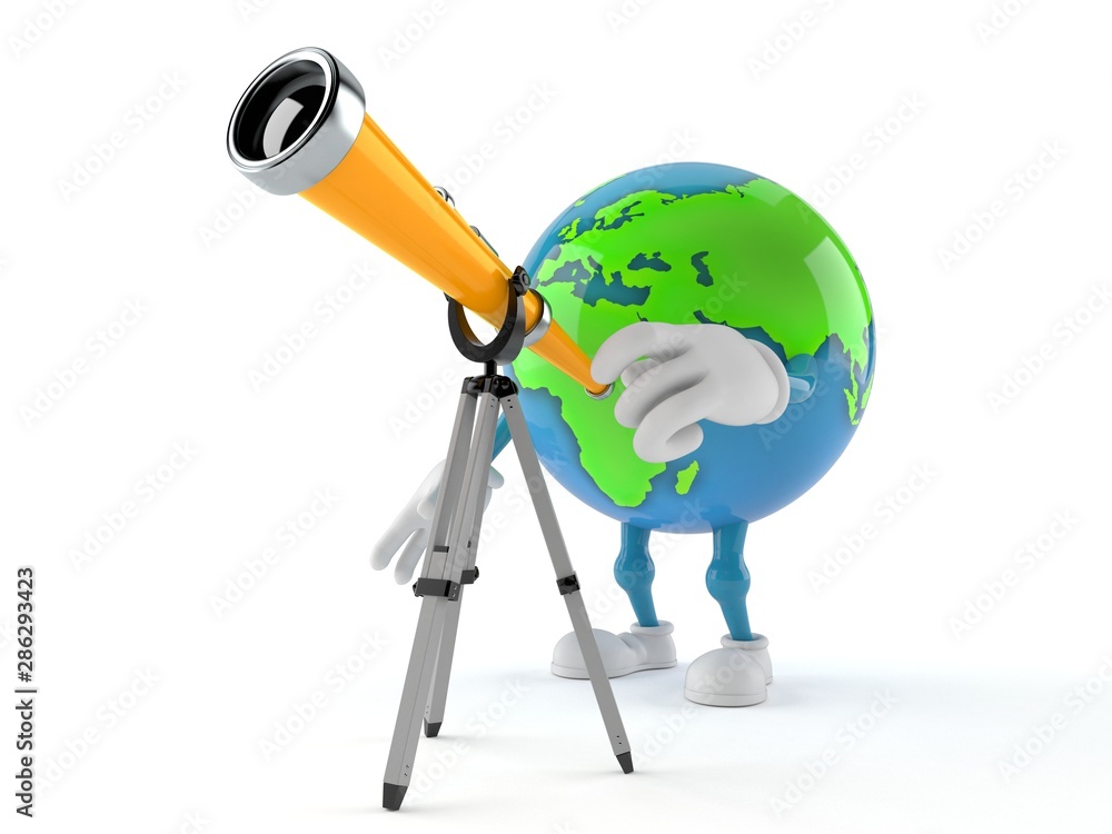 World globe character looking through a telescope Stock Illustration ...