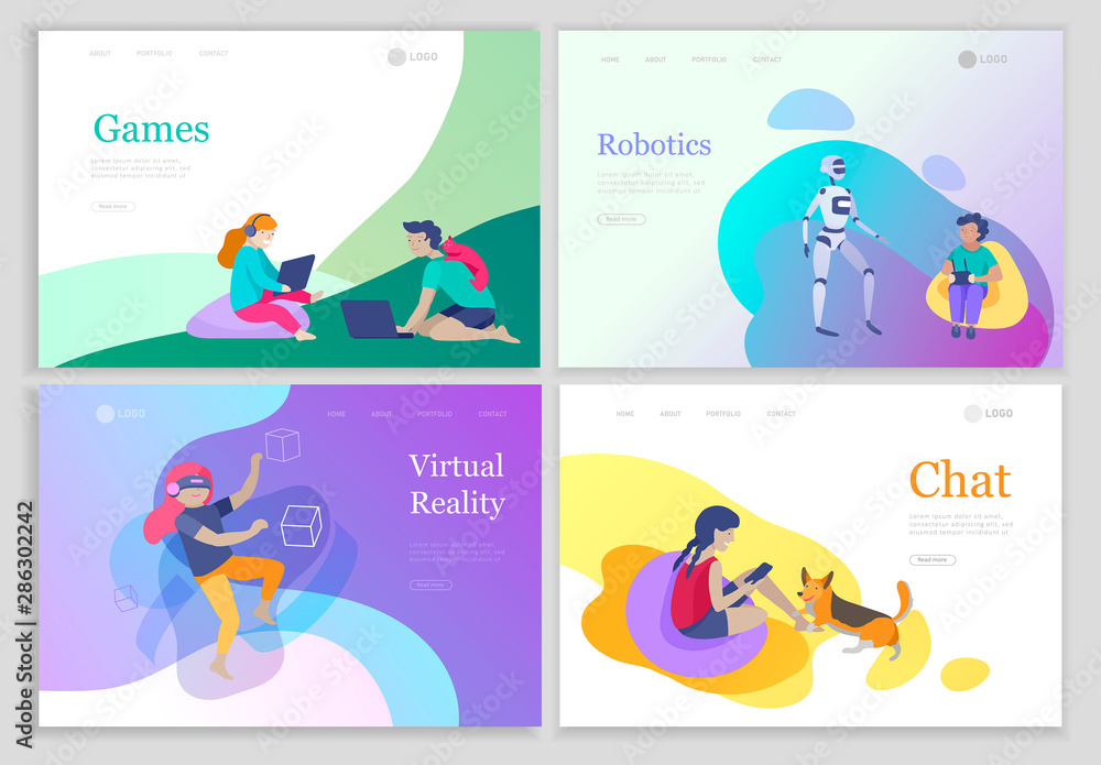 Set of landing page with Happy school children performing various ...