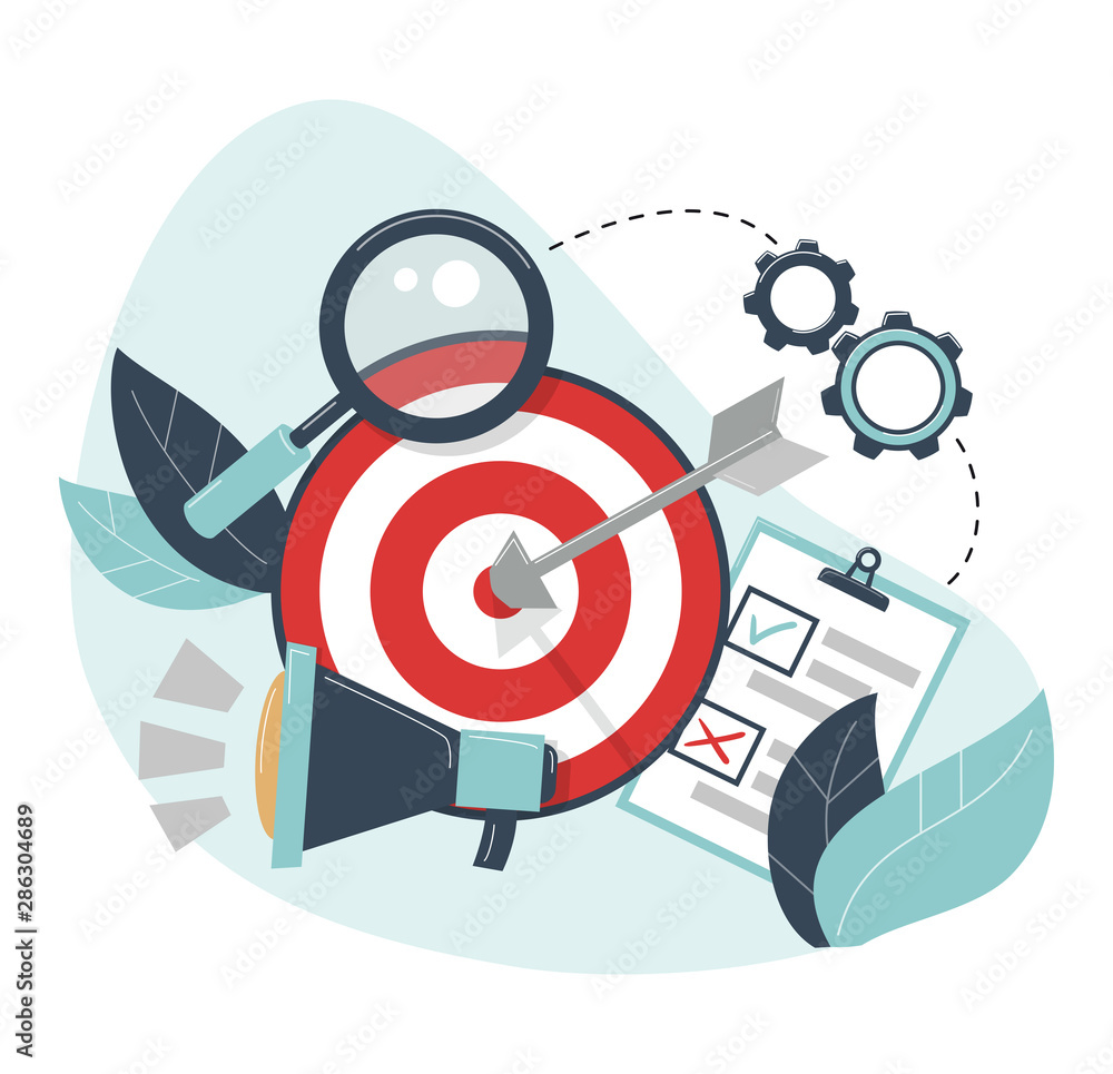 Targeting concept. Arrow hit target, magnifier, megaphone message ...