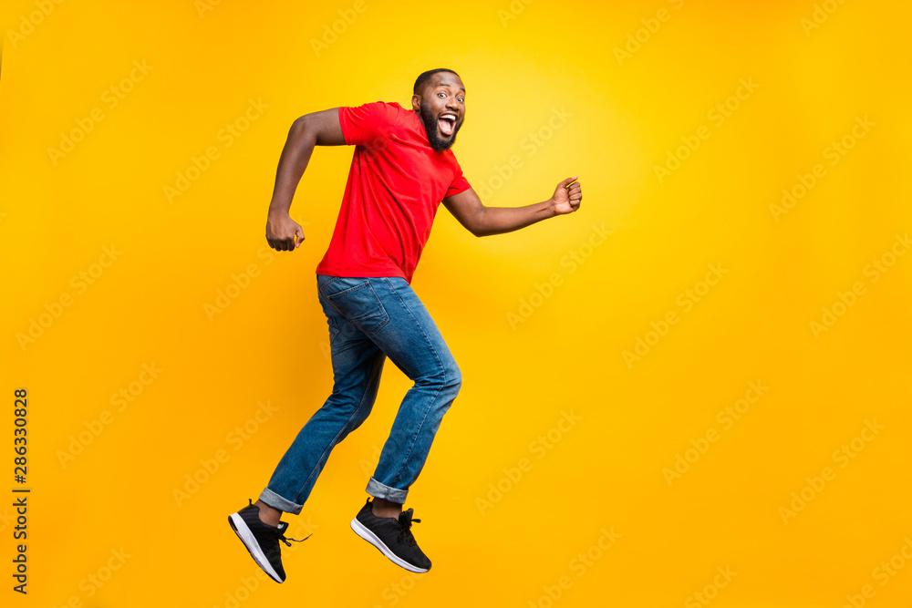 Full length body size photo of running man seeming to have done ...