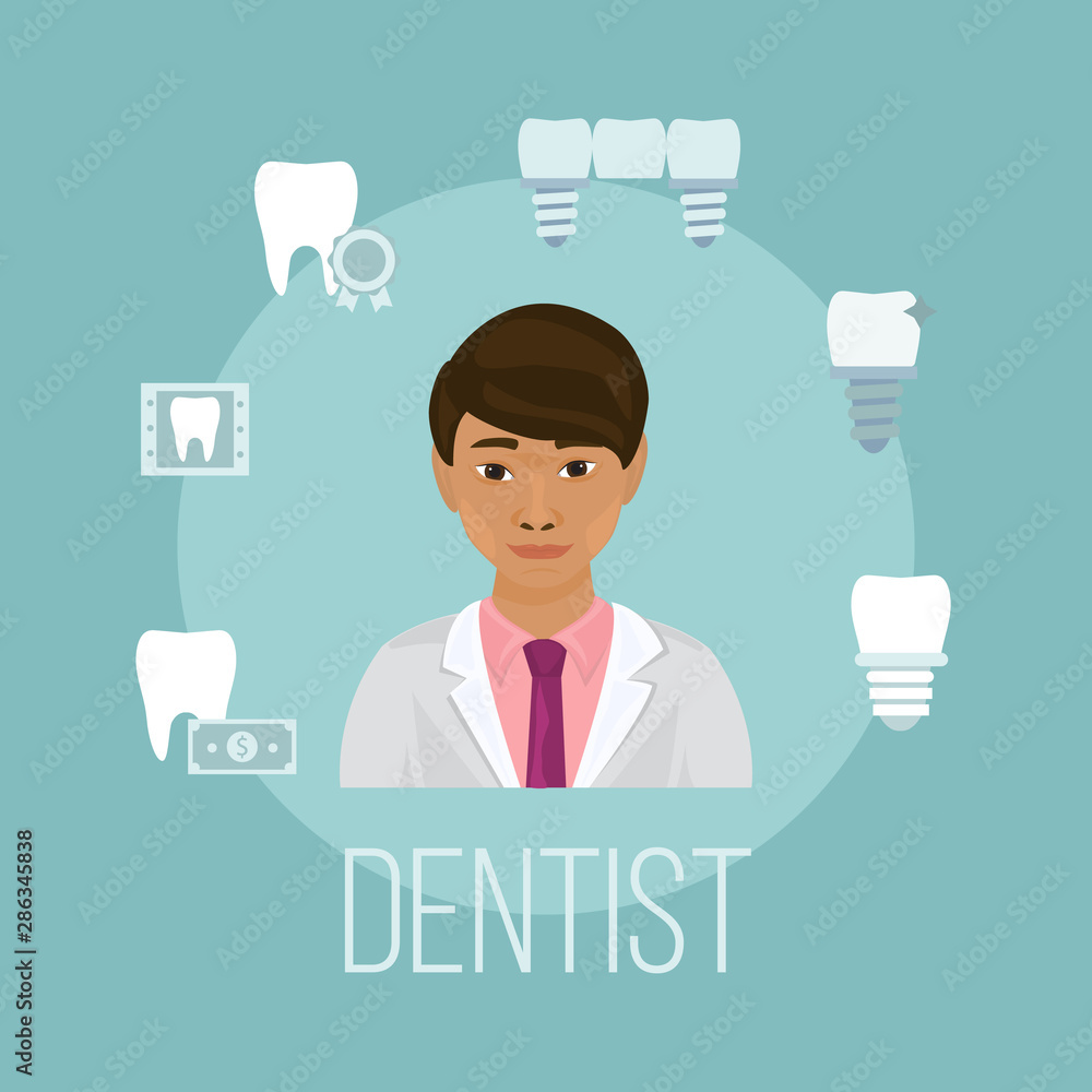 Dentist doctor asian face with tooth care icons vector illustration ...