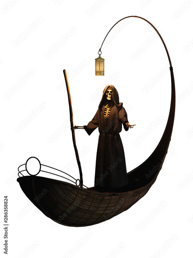 Charon the ferryman appearing like a robed skeleton extents his bony ...