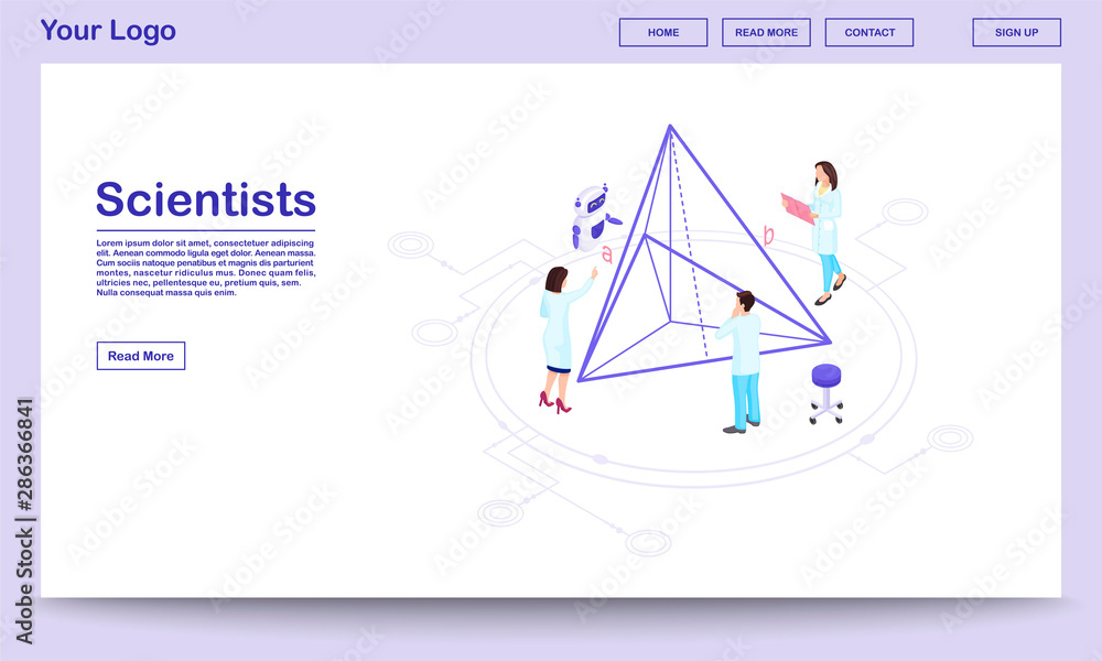 Computer assisted science isometric webpage template. Scientists with ...