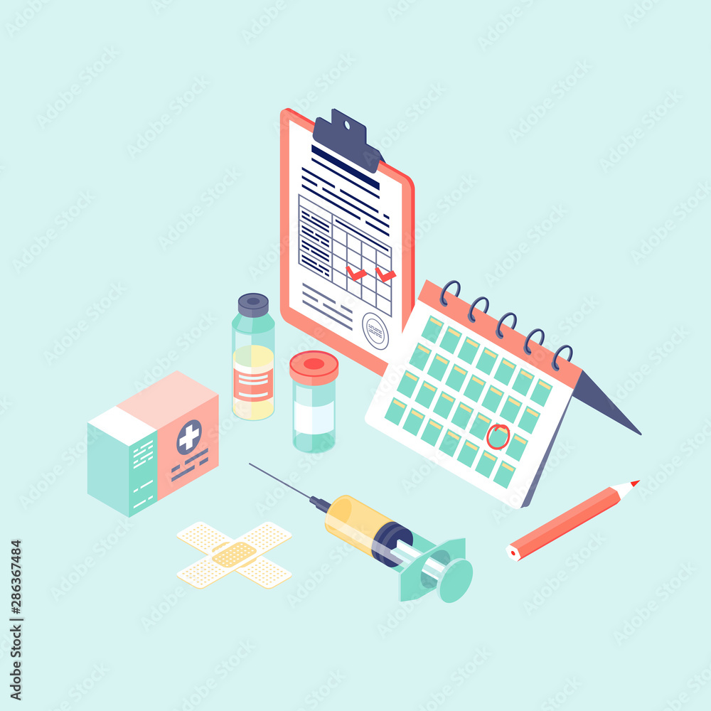 Vaccination calendar isometric color vector illustration. Flu ...