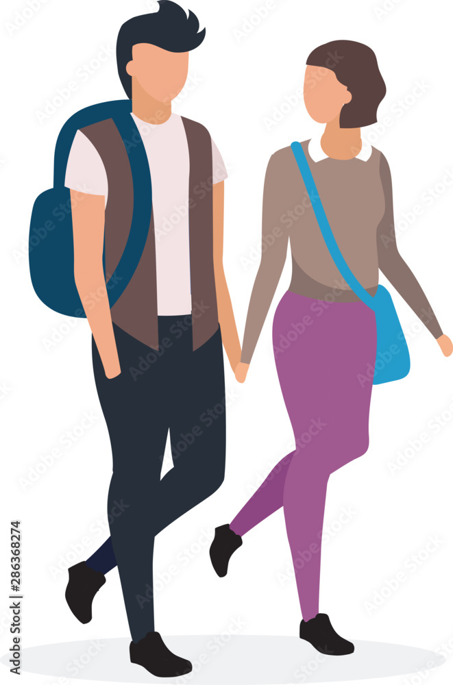 Happy students couple flat vector illustration. Teenage schoolboy and ...