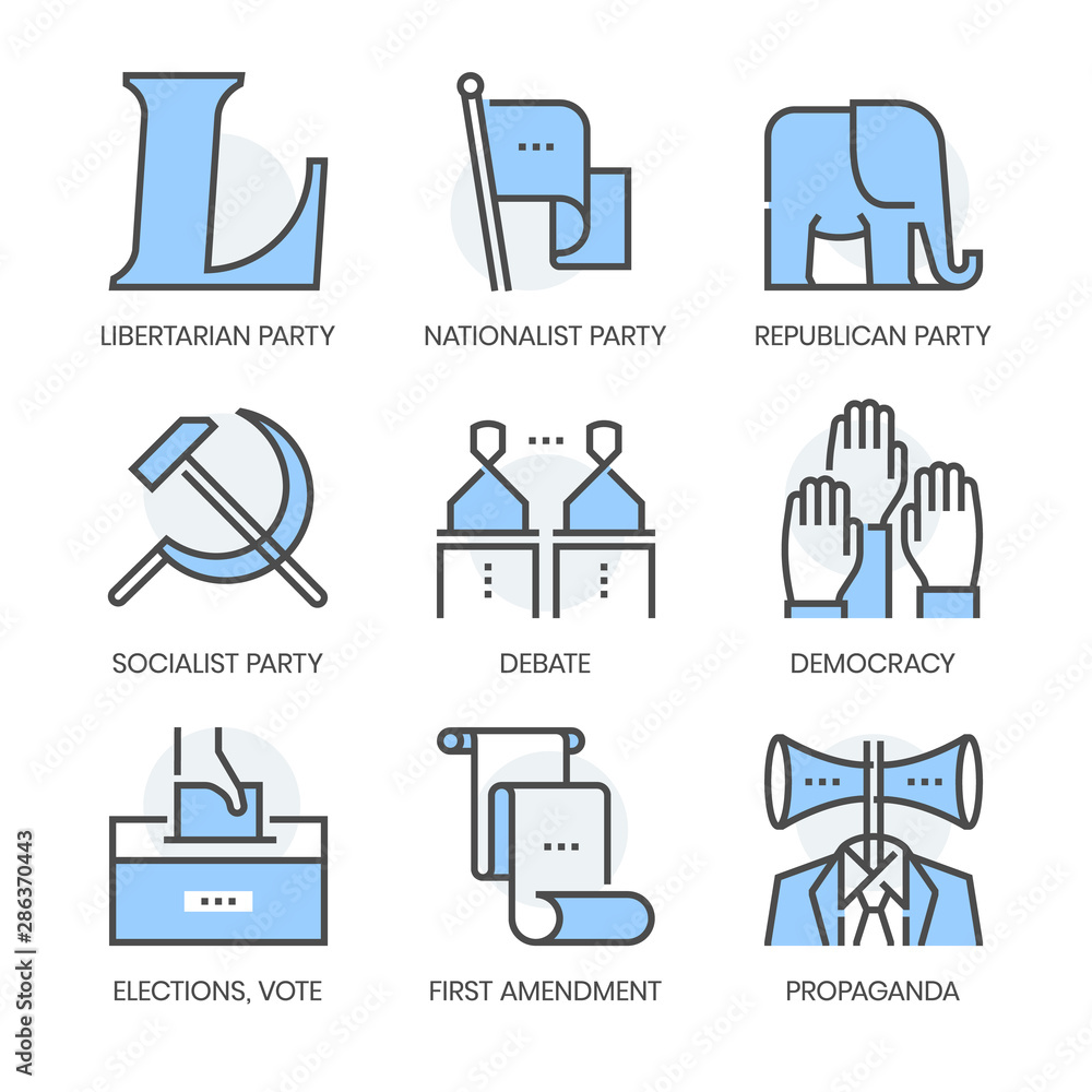 Politics and parties related, square line color vector icon set for ...