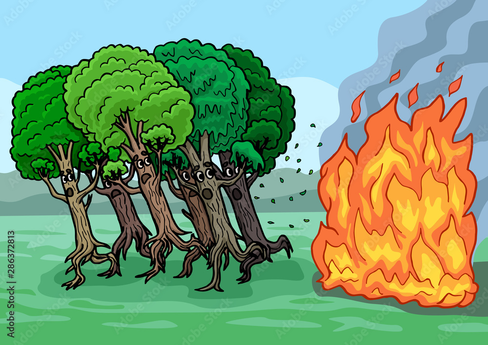 Cartoon trees are very afraid of fire. They escape and run. Stock ...