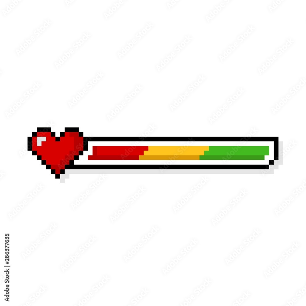 Pixel art 8 bit red yellow green health heart bar - isolated vector ...