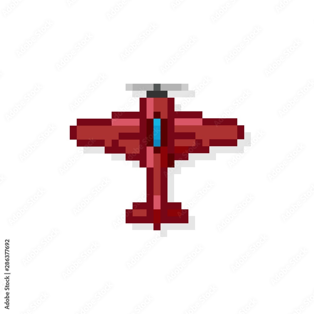 Pixel art 8 bit arcade fighter air plane red isolated vector ...