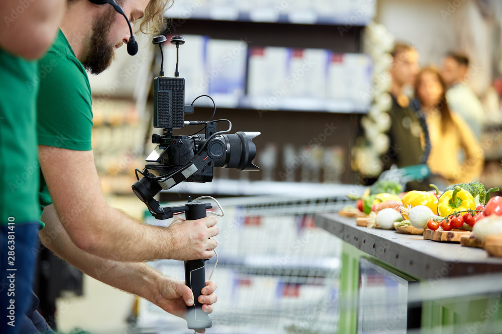 Behind the scenes of filming films or video products and the film crew ...