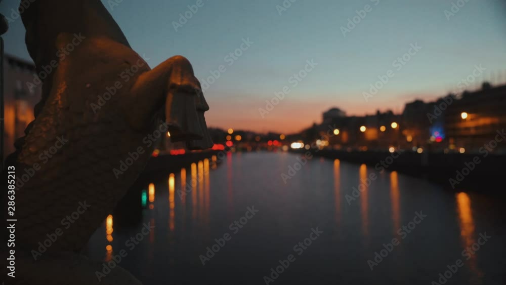Motion blur: Beautiful sunset over Liffey River, camera panning left to ...