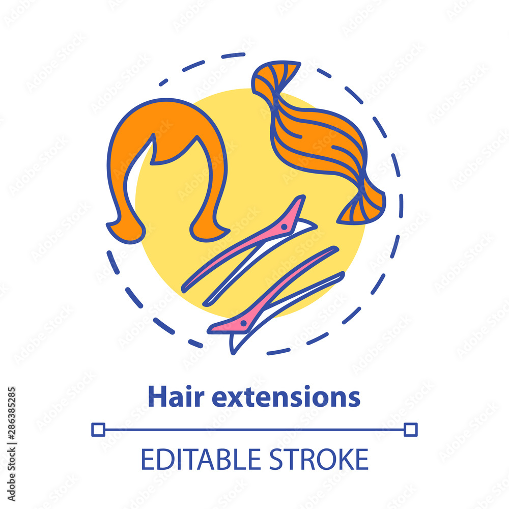 Hair extensions concept icon. Clip in hair tapes, wig and accessories ...