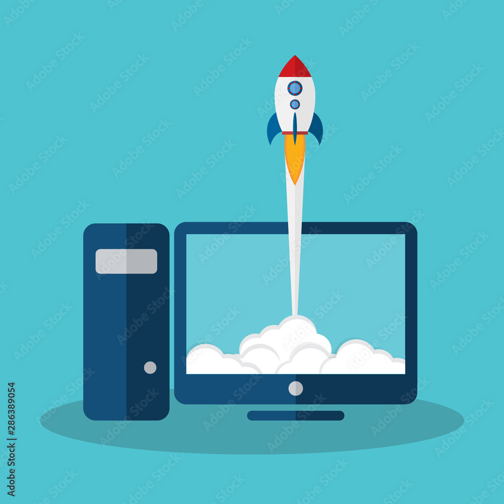 App launch. Startup vector concept, flat cartoon rocket or rocketship ...
