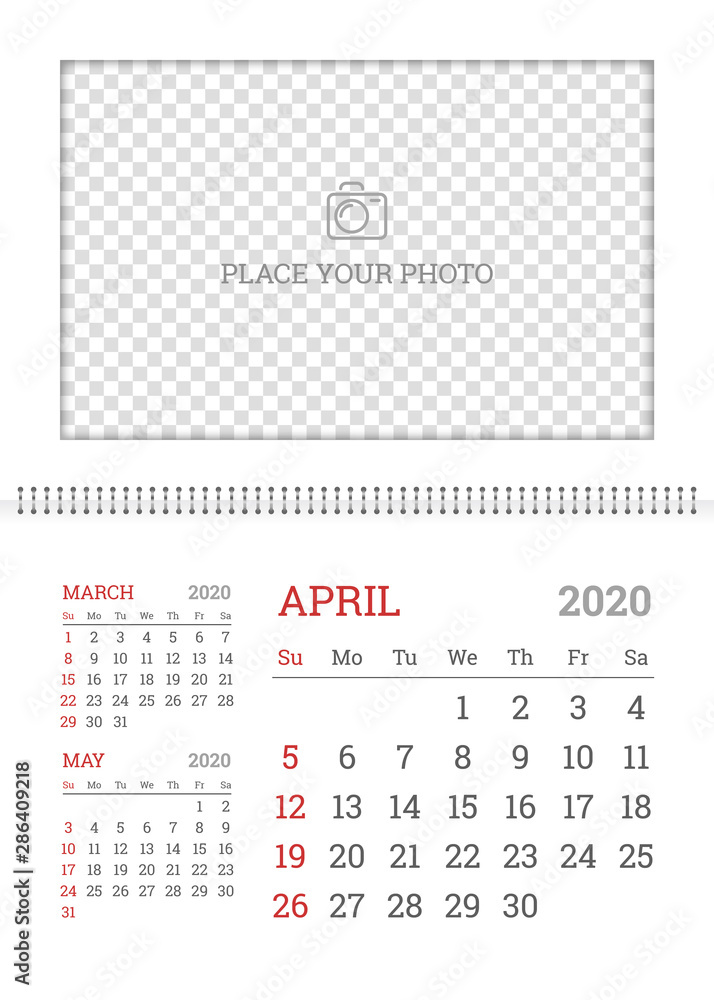 Wall calendar planner template for April 2020 year with place for photo ...